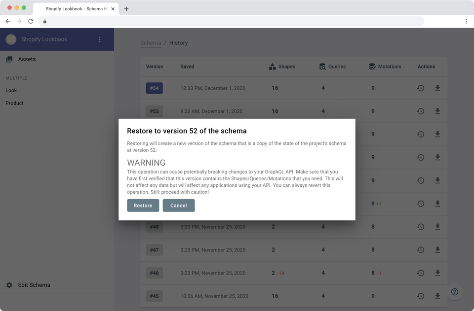 Viewing and restoring schema versions | TakeShape
